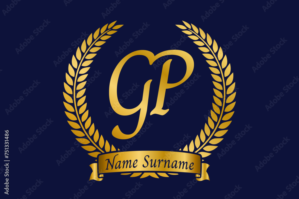 Initial letter G and P, GP monogram logo design with laurel wreath ...