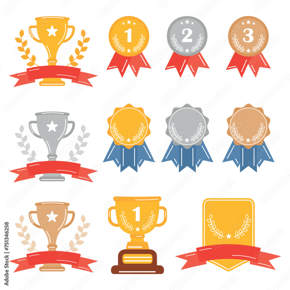Achievement award set, trophy golden, silver, bronze medals, champ cup ...