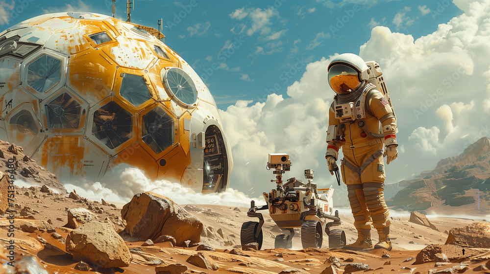 Astronaut and mars rover exploring red planet: space traveler standing beside a rover on a mars ...