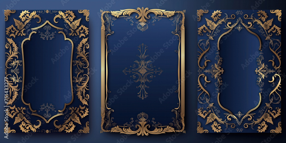 Elegant Golden Baroque Frames on Deep Blue Backgrounds for Luxury ...