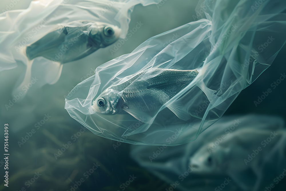 Ocean plastic pollution. A fish with plastic bag in the ocean Stock ...