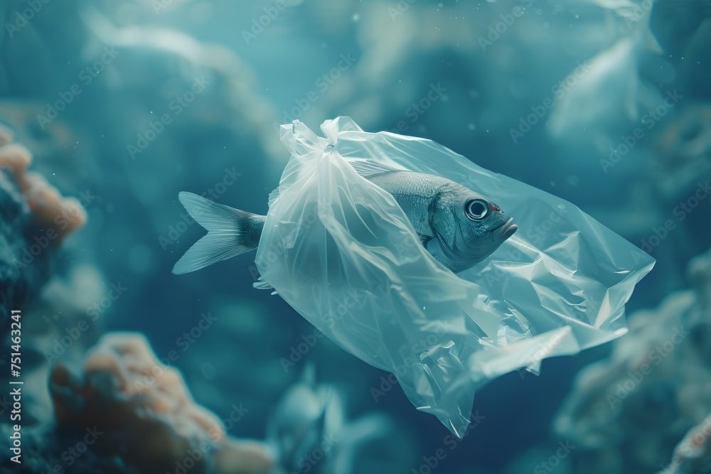 Ocean plastic pollution. A fish with plastic bag in the ocean Stock ...