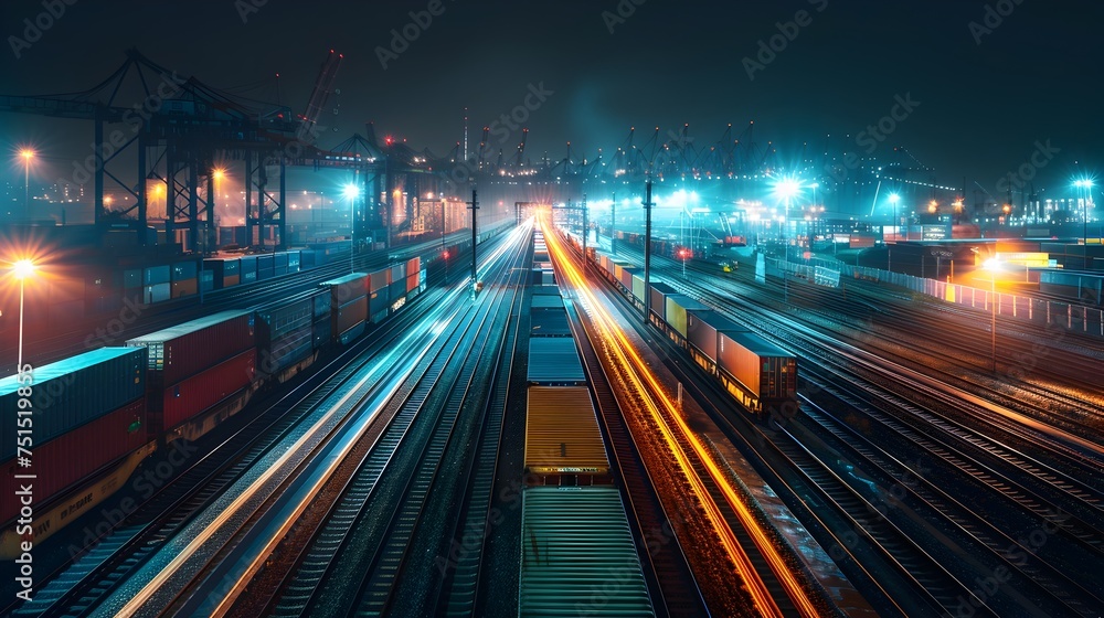 Freight Trains at Night in a Neon-Infused Digital Warehouse Stock Photo ...