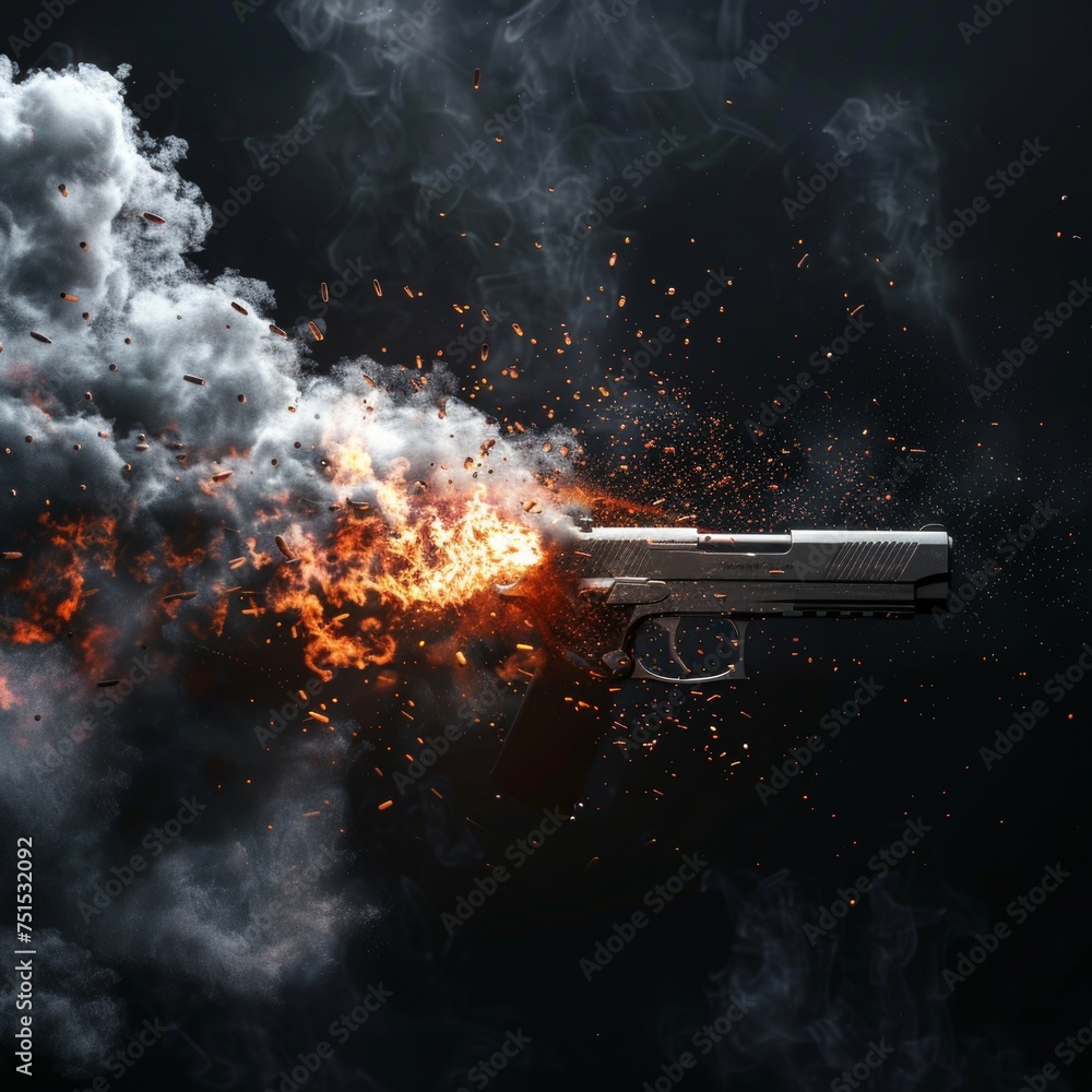 Realistic 3D illustration, set of icons of a gun flashes with smoke and ...