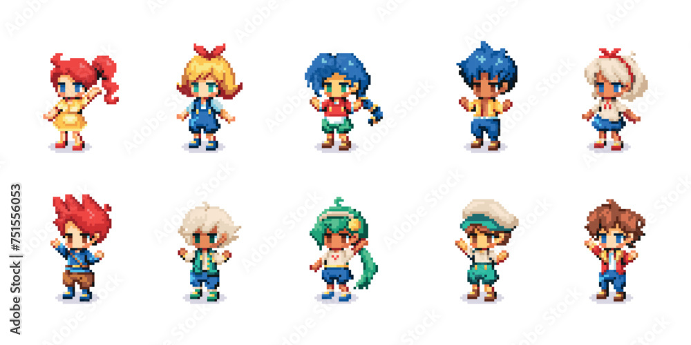 Vector Cute Pixel Art Characters Boys Girls set illustration Isolated ...