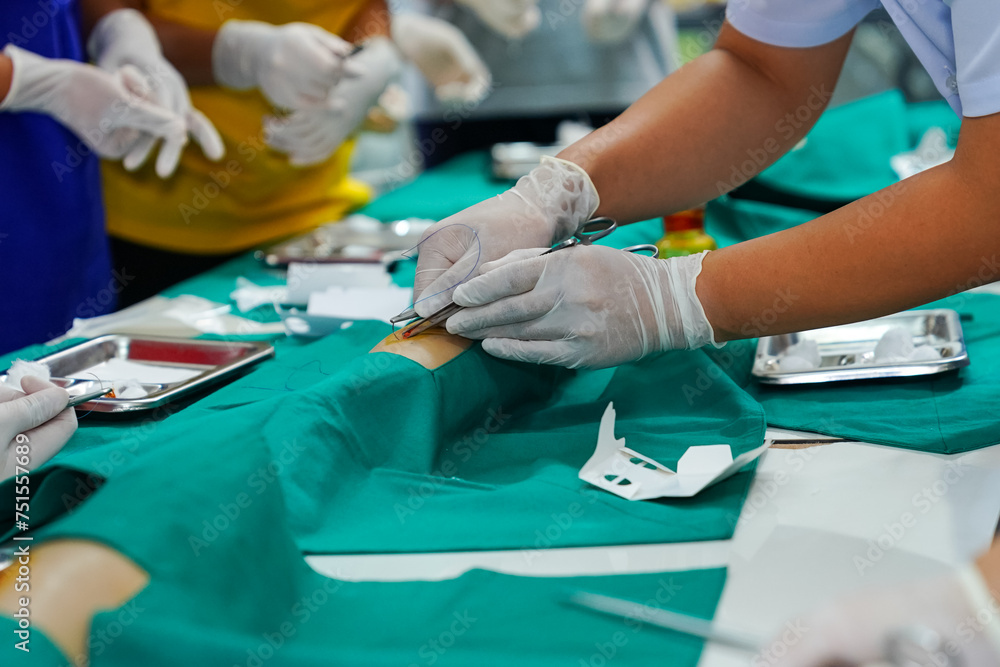 Nursing Students Practicing Surgical Suturing. A group of nursing ...