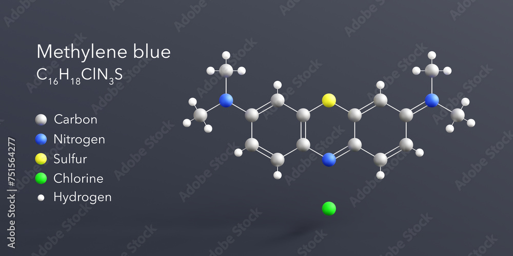 methylene blue molecule 3d rendering, flat molecular structure with ...