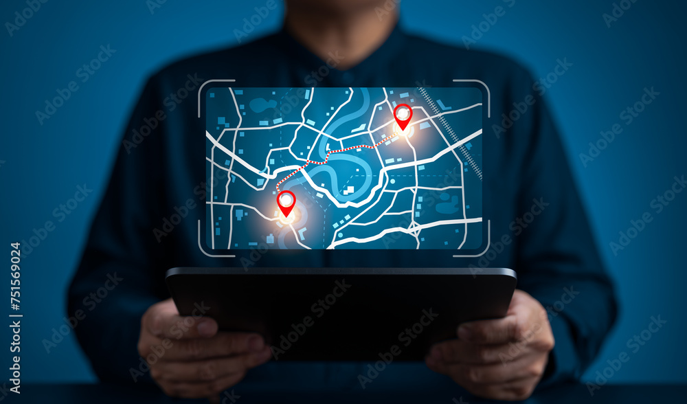 GPS location system. Businessman marks location points and search ...