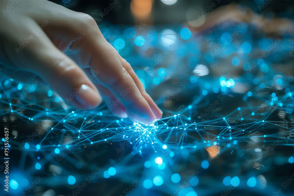 Fingers poised to touch a floating 3D model of a neural network ...