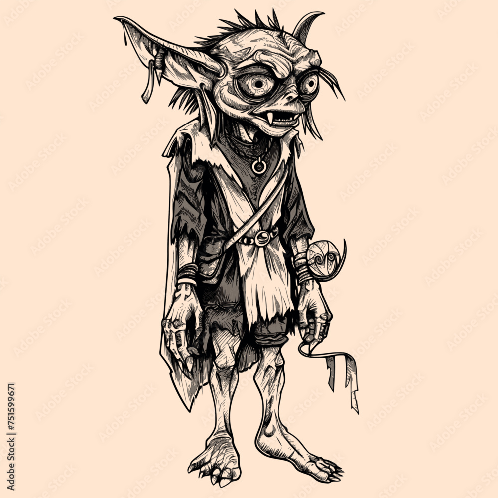 Black and White Goblin Character Outline Silhouette Ornament Vector Art ...