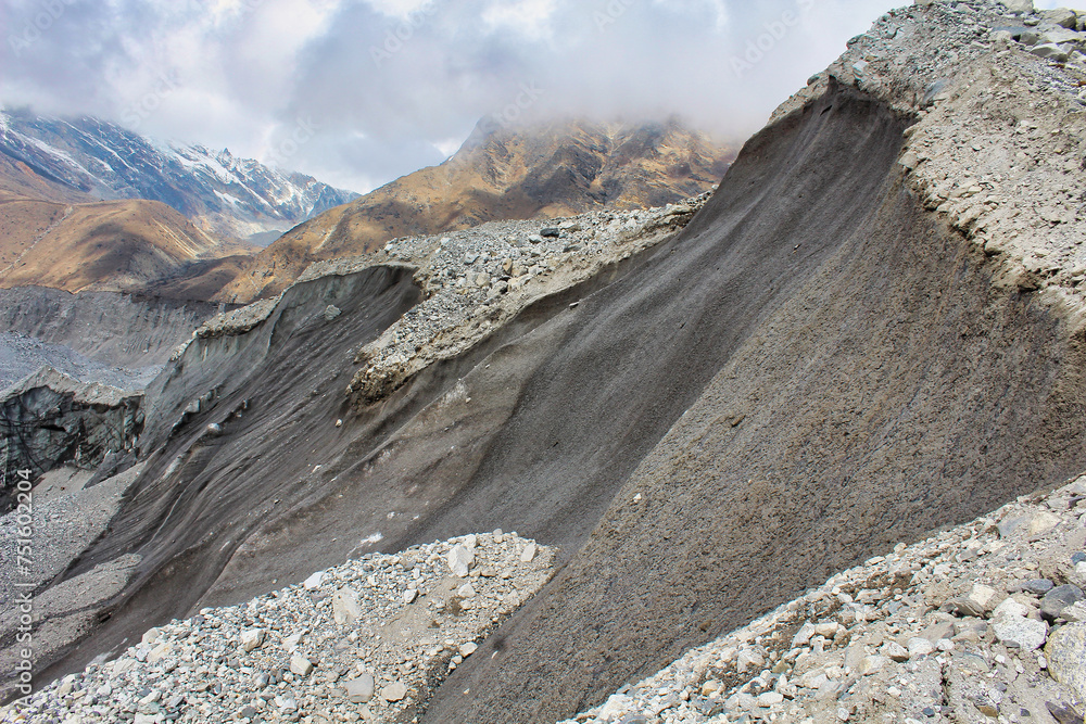 Moraine walls along the Ngozumpa Glacier, Nepal's largest glacier with ...