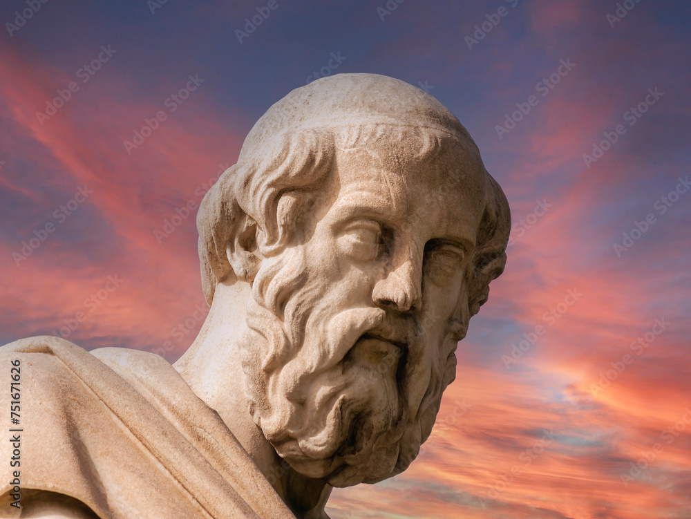 Plato, the famous ancient Greek philosopher under fiery sky, marble ...