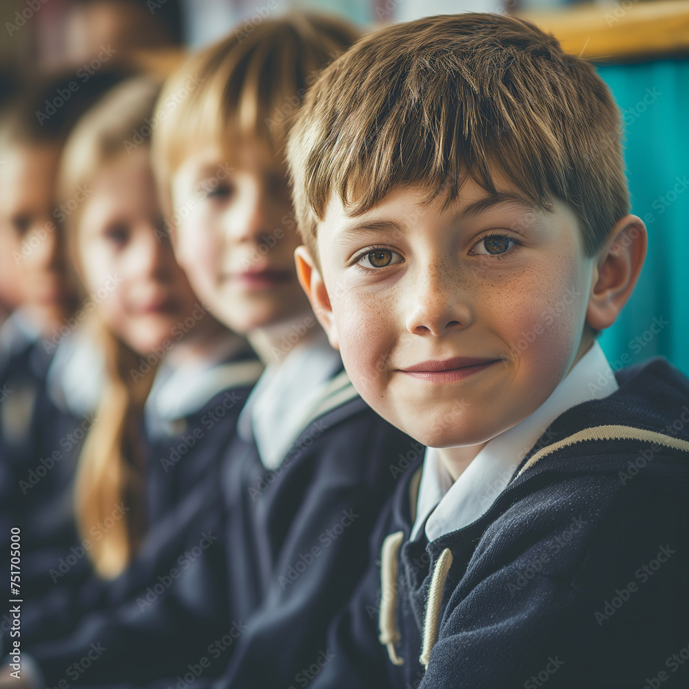 Happy and cheerful young boy in school uniform smiles at the camera as ...
