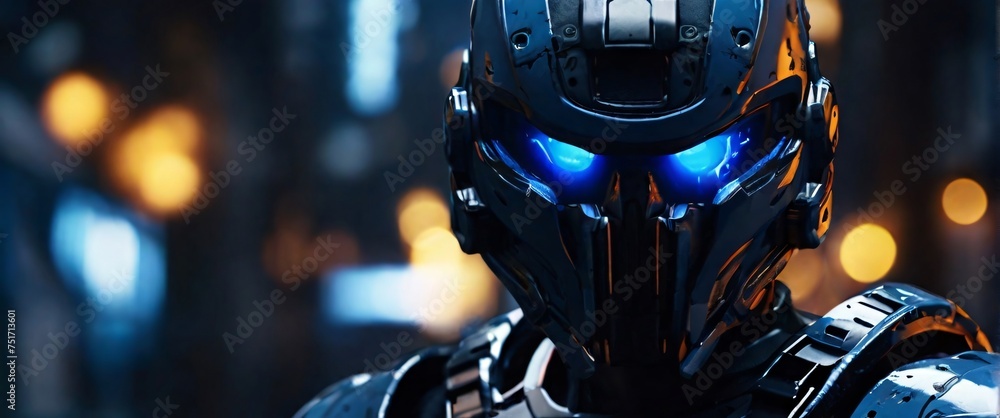 The 3D A cyborg soldier is formed by blue Light. In the background in ...