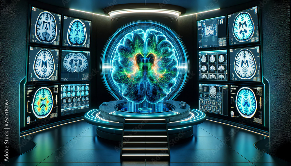 Imaging centre illuminated by the light of screens showing ...