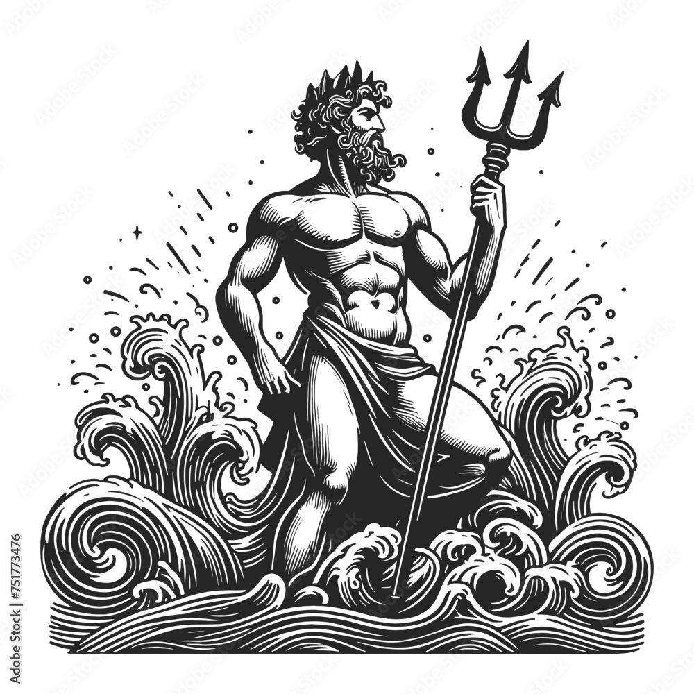Poseidon god of the sea, holding a trident amidst ocean waves sketch ...