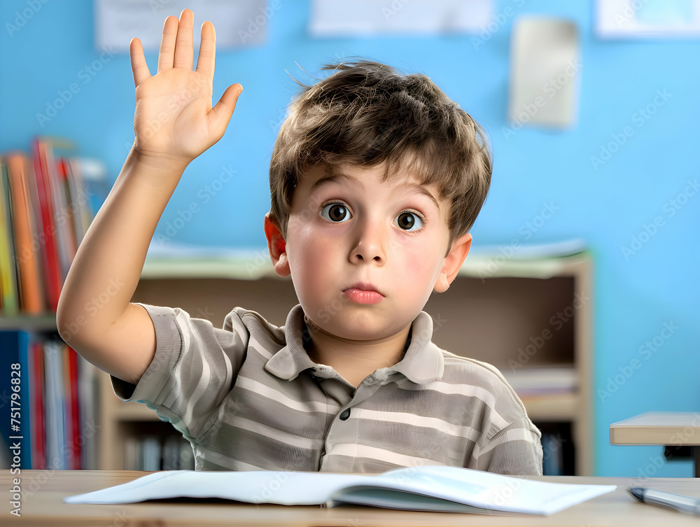 Smart Boy with big eyes Raising His Hand while Sitting in class Behind ...