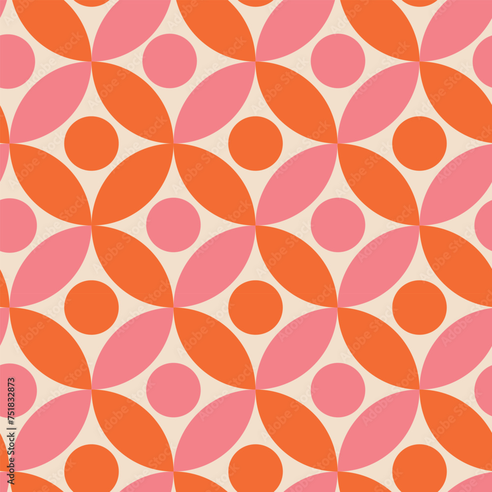 Mid century dots on pink and orange circles seamless pattern. For wallpaper, home décor and ...