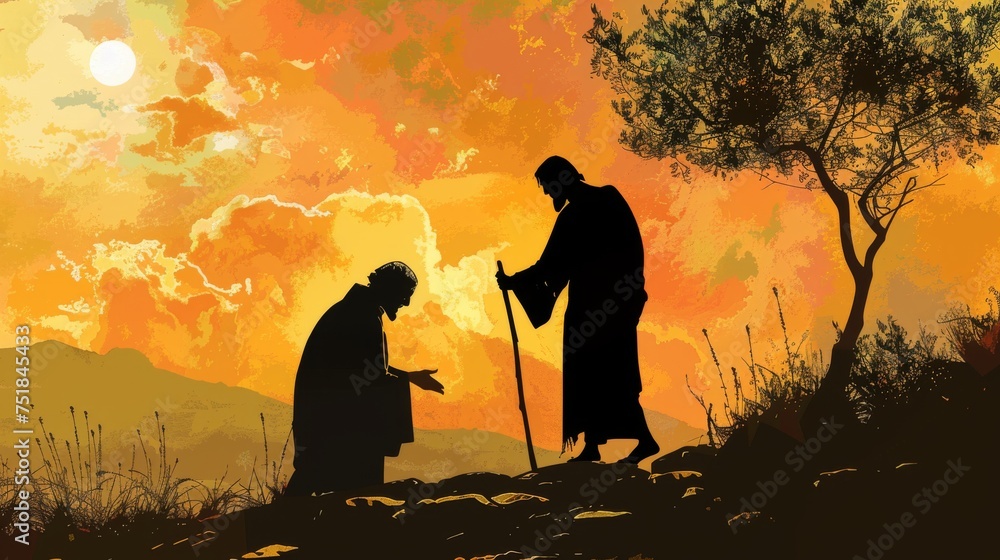 Silhouette of the healing of Bartimaeus, the blind beggar, by Jesus ...