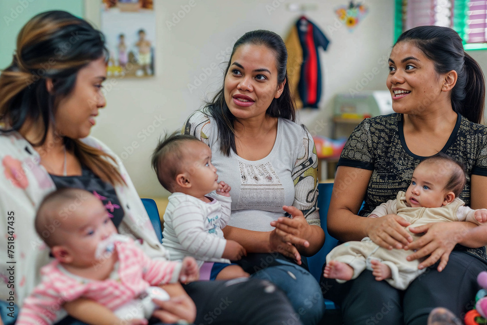 Diverse group of women with their babies in a pediatrician's office ...