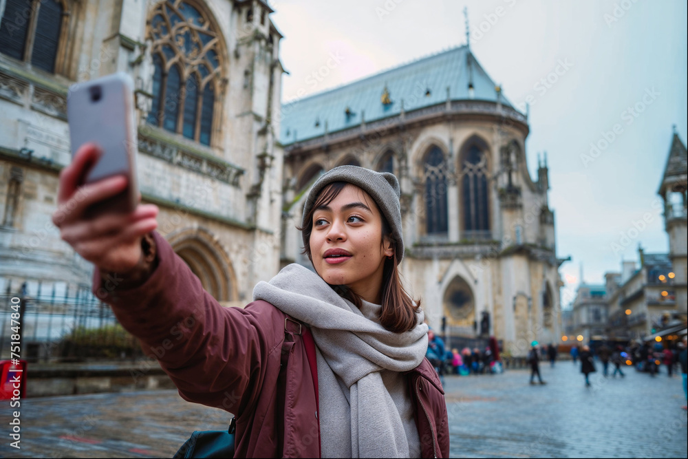 Gen Z Asian female tourist capturing a selfie with the grand backdrop ...