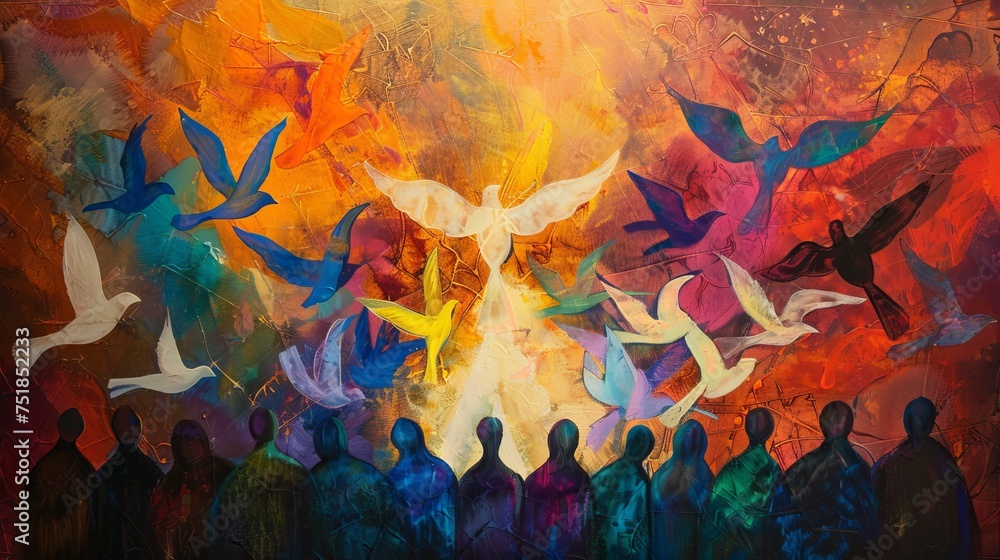 Vibrant portrayal of the Pentecost event with the Holy Spirit ...