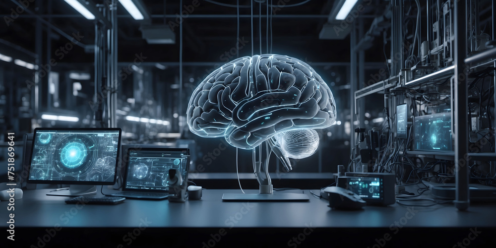 Artificial intelligence brain in factory lab for futuristic research, technology innovation and ...