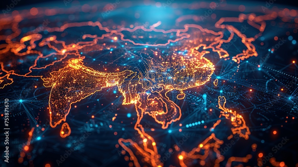 Digital map of Asia, concept of global network and connectivity, data ...