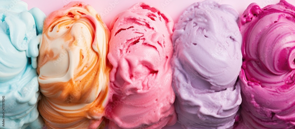 A close-up view of a row of different colors of Neapolitan ice cream ...