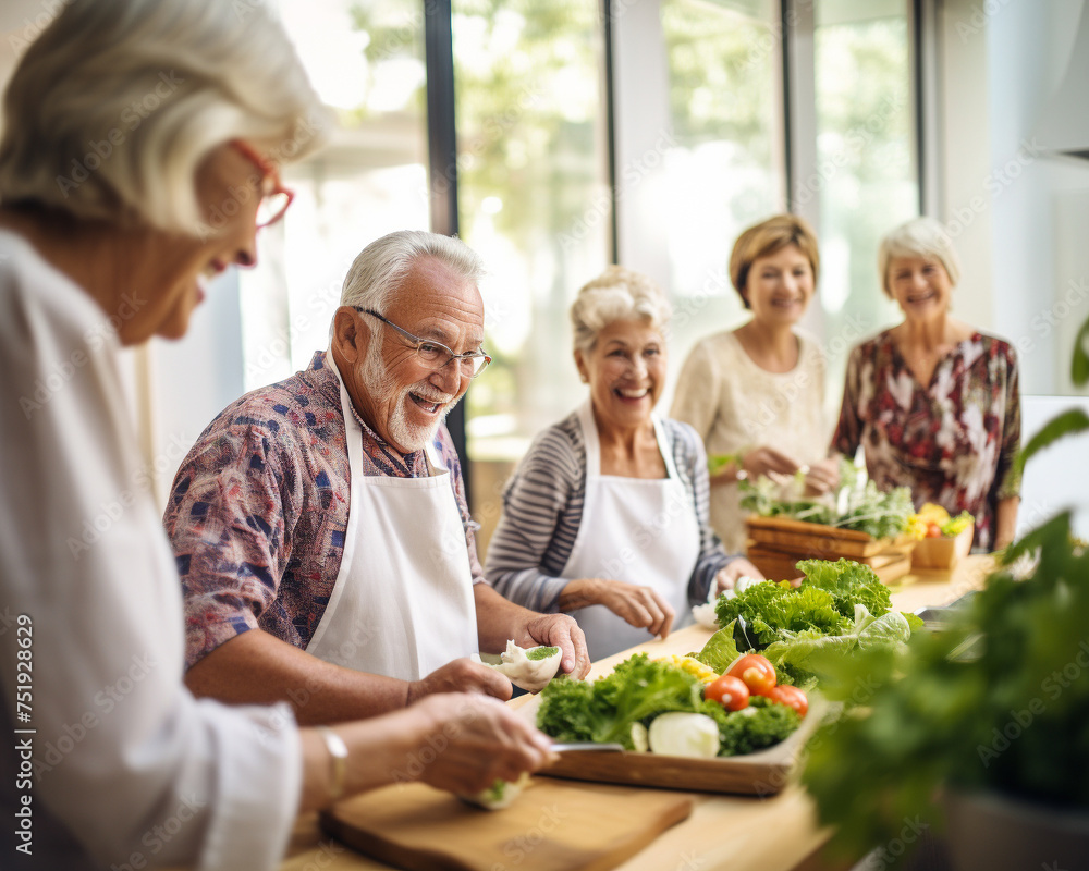 Seniors enjoying a healthy cooking class together laughing and sharing ...