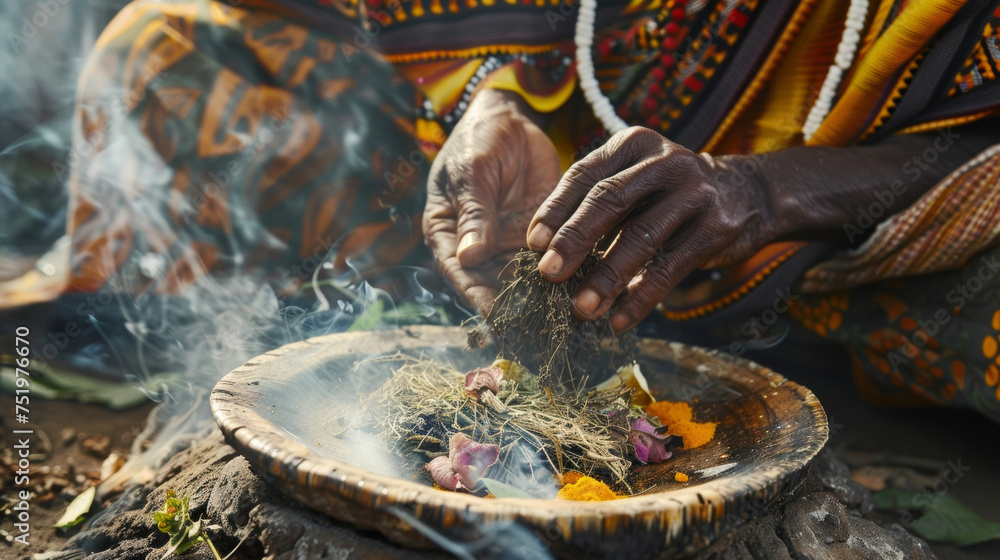 A photograph of a traditional healer performing a ceremony with herbs ...
