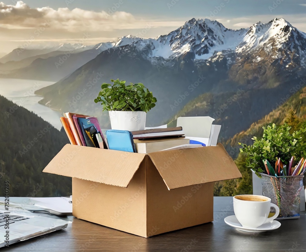 Photo Stock Cardboard box with office stuff on mountain vacation ...