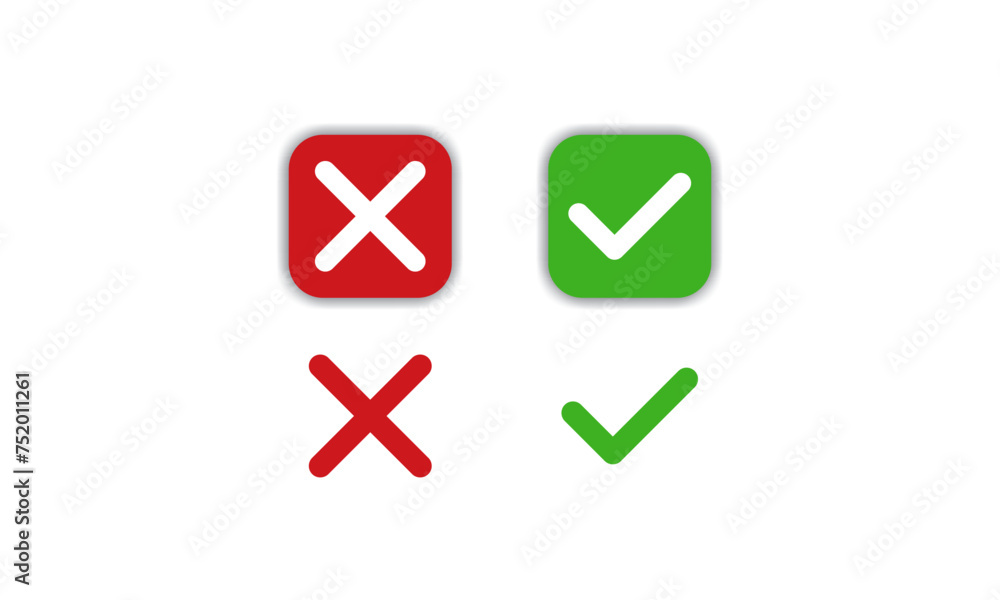 Green check mark, red cross mark icon set. Isolated tick symbols ...