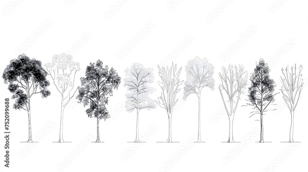 Ilustración de Stock Minimal style cad tree line drawing, Side view, set of graphics trees ...