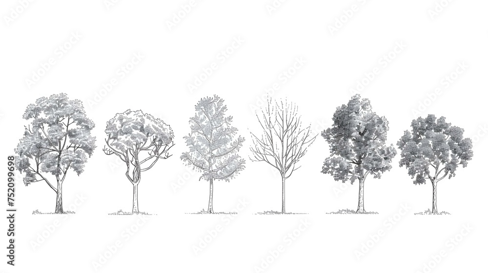 Minimal style cad tree line drawing, Side view, set of graphics trees elements outline symbol ...