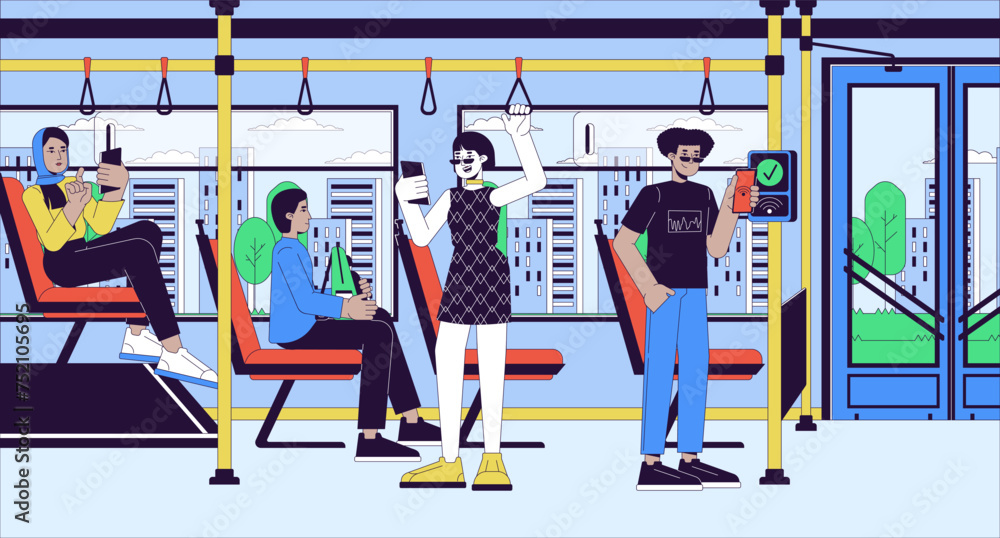 Contactless public transport payment cartoon flat illustration ...