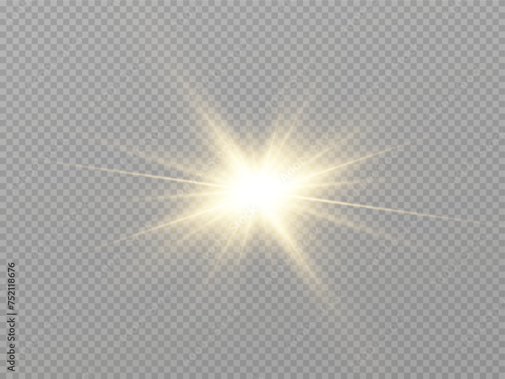 Collection of realistic light flashes.Golden shining light effect.Bright sun sparkles with stars ...