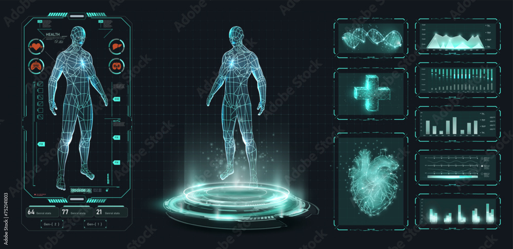 Advanced Human Body Analysis HUD with Digital Biometrics. High-tech ...