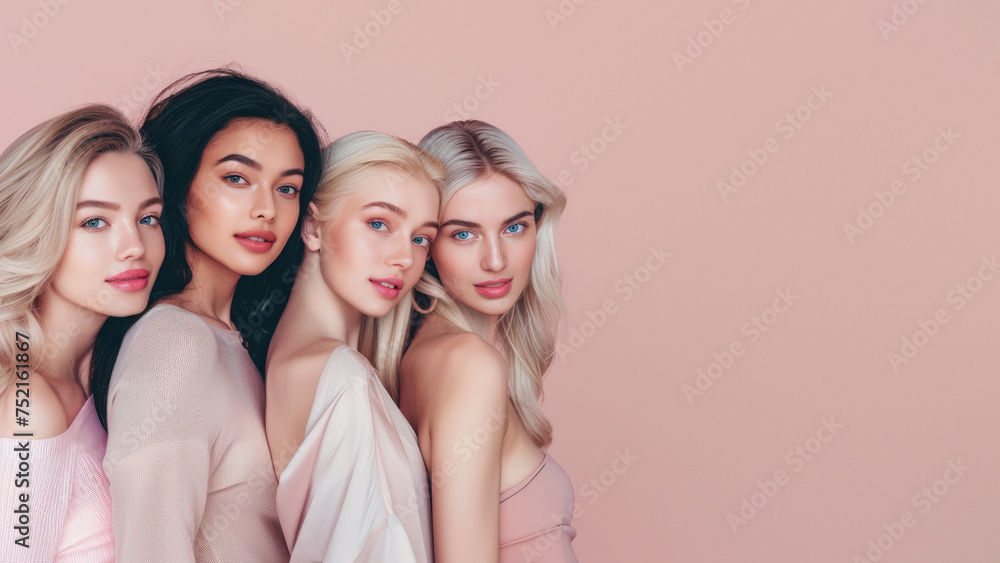 Four women with different makeup looks and hairstyles pose confidently ...