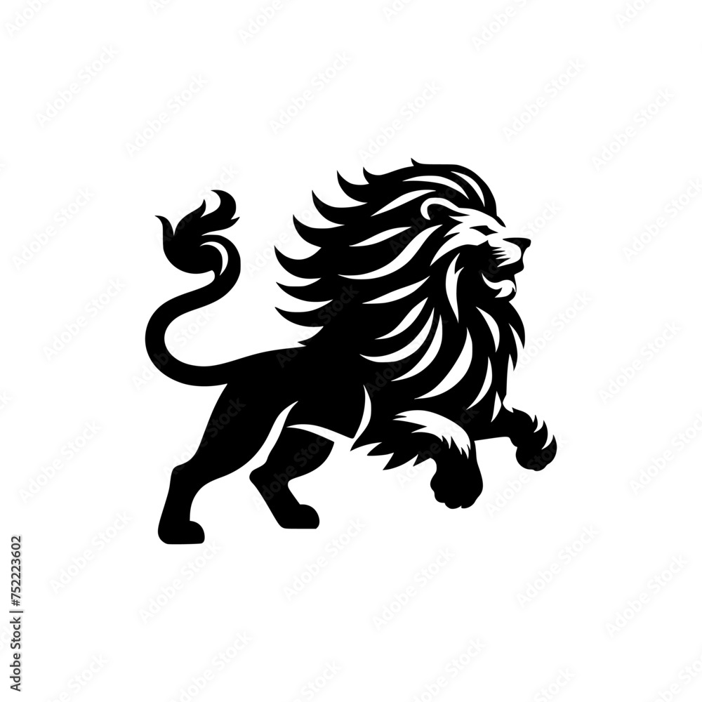 Black and white illustration of a running lion. Vector logo of a lion ...