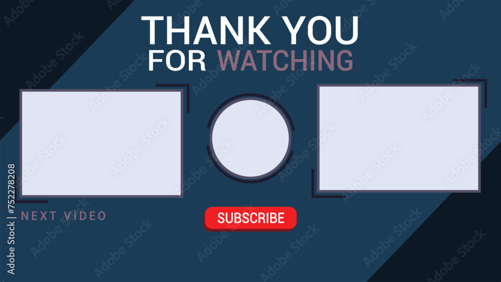 end screen, blue color palette, red subscribe button, 2 video's, 1 ...
