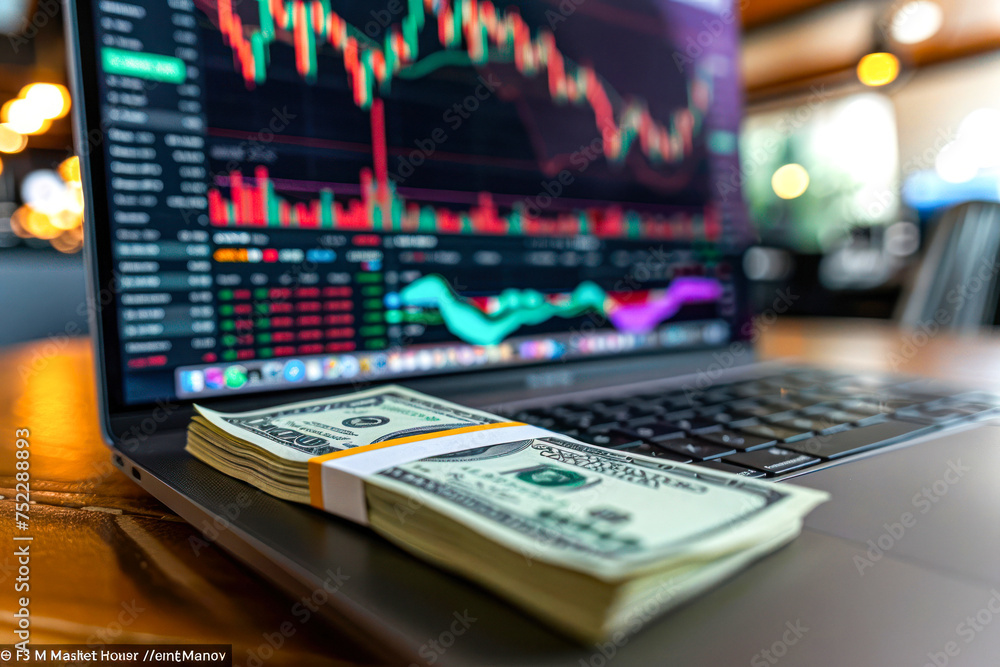 Crisp dollar bills lay in front of laptop showing stock market trends ...