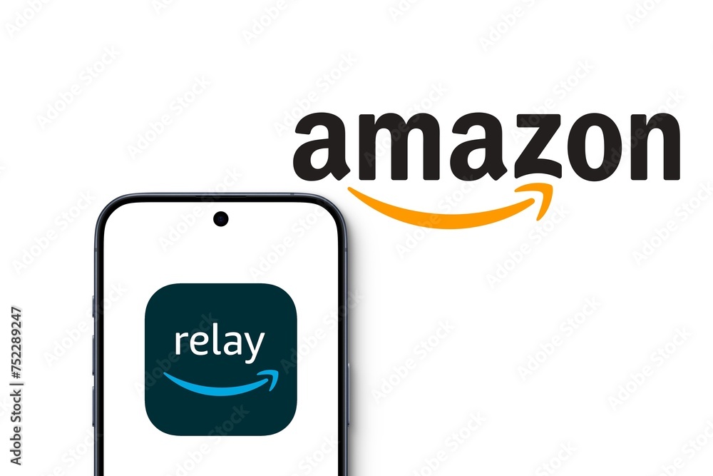 Amazon relay logo is displayed on a smartphone, Amazon Logo next to it ...