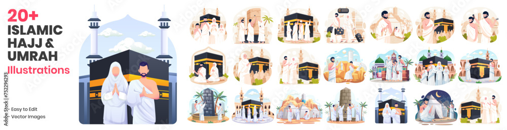 Mega Collection of Hajj and Umrah Illustrations. Muslim People perform ...