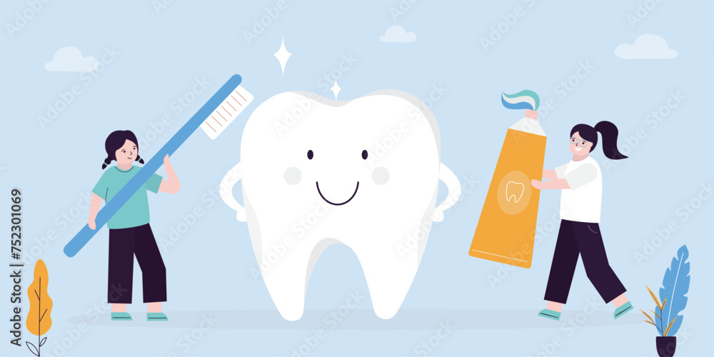 Little kid girls taking care of tooth. Purity, brushing teeth with ...