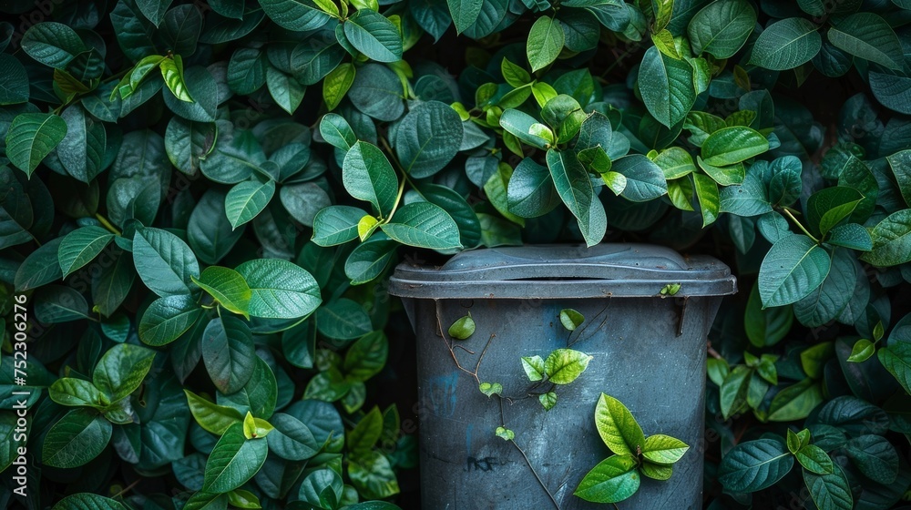 Recycling bin on green leaves, symbolizing eco-friendly habits for a ...