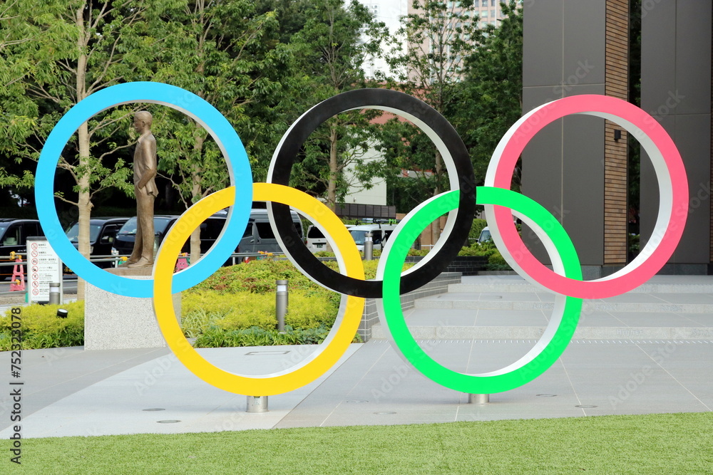 Photo Stock TOKYO, JAPAN - June 21, 2019: Olympic Rings monument ...