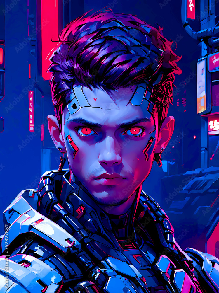 Anime boy in futuristic robot costume, his menacing red eyes and full ...