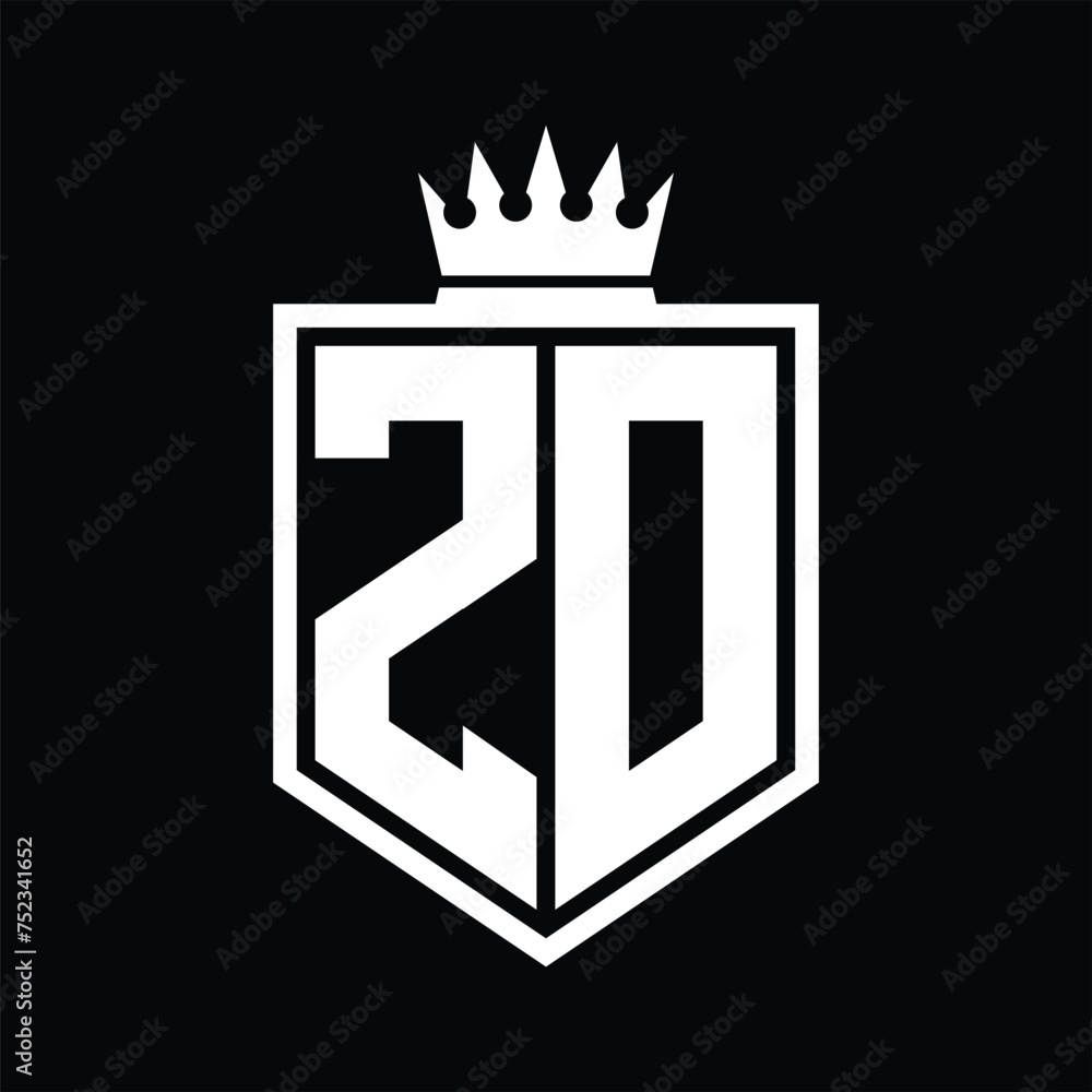 ZD Logo monogram bold shield geometric shape with crown outline black and white style design ...