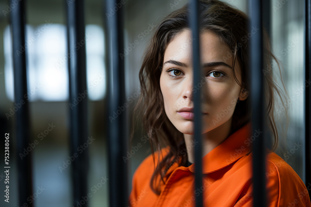 Criminals jailed in prison in orange uniform behind metal bars ...